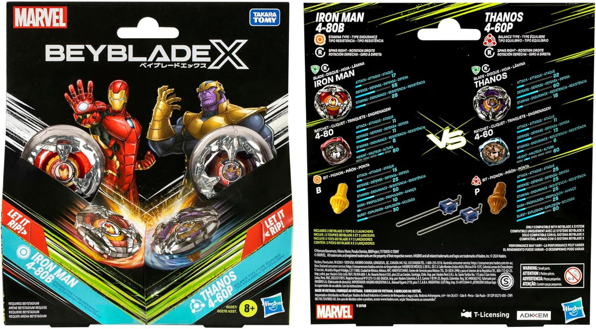 Beyblade X Marvel Collab Iron Man 4-80B vs. Thanos 4-60B Multipack Set ...
